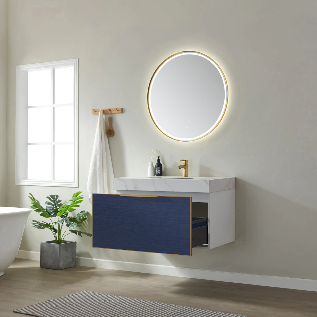Blue vanity unit with sink store